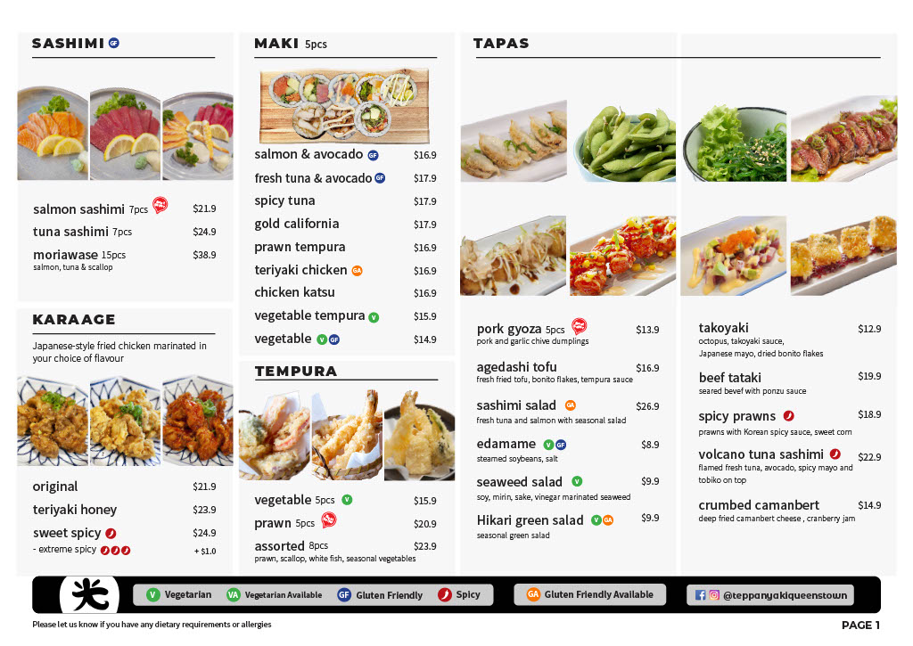 Menu – Hikari Teppanyaki